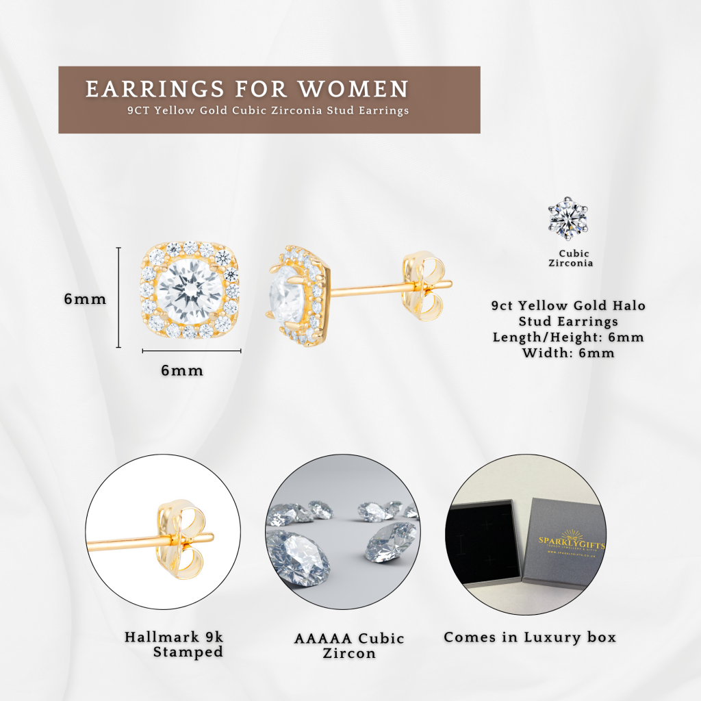 9ct Yellow Gold C/Z Horse Shoe Infinity Halo 3 Pairs Stud Earrings Set ...